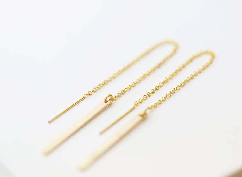 Gold Bar Ear Thread Earrings // Dangling Bar Hoop Ear Thread - Etsy