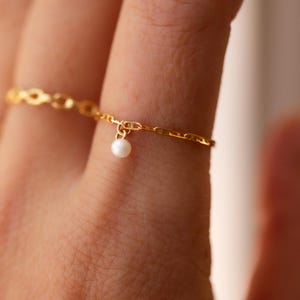 14k Gold Pearl Chain Ring / 14k Solid Gold Bare Chain Ring With Pearl / Dainty Chainring - Etsy