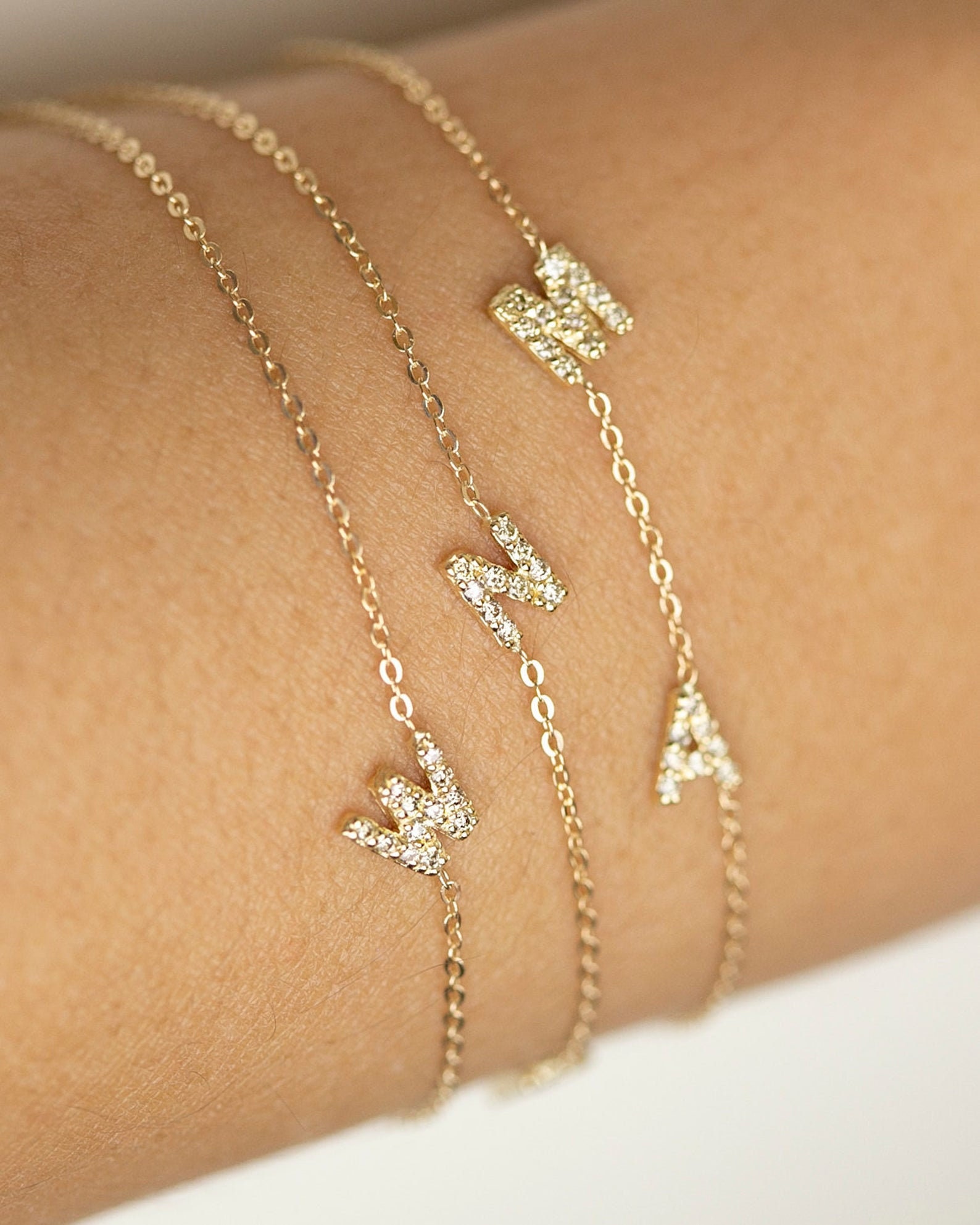 14k Gold Mini Diamond Initial Bracelet // Personalized Letter Bracelet ...