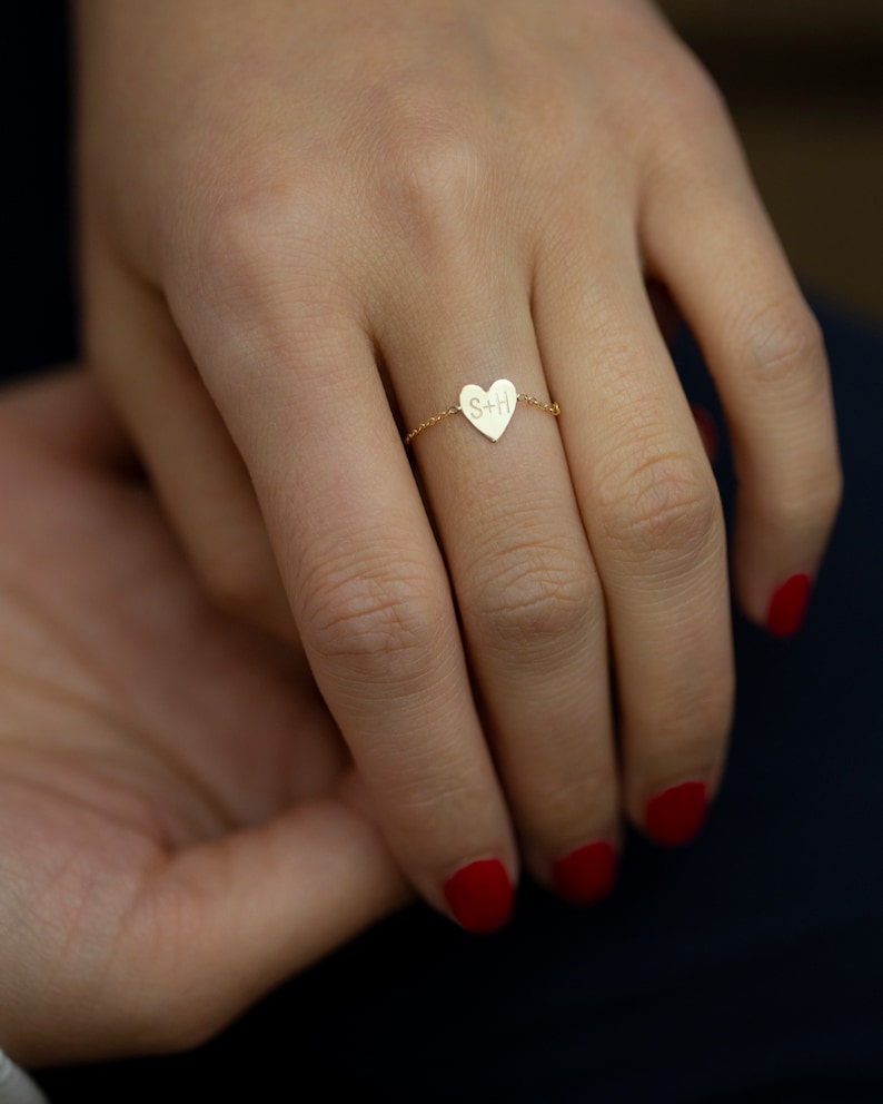 Little Heart Chain Ring 14k Gold Personalized Heart Chain - Etsy