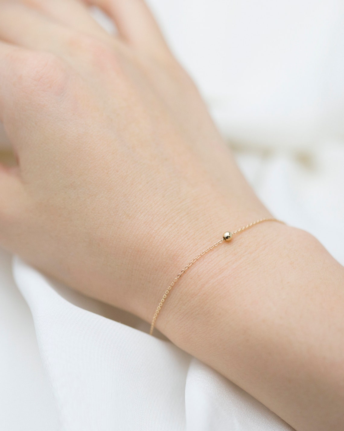 14K Gold Tiny Bead Bracelet // Minimalist Simple Ball Bracelet | Etsy