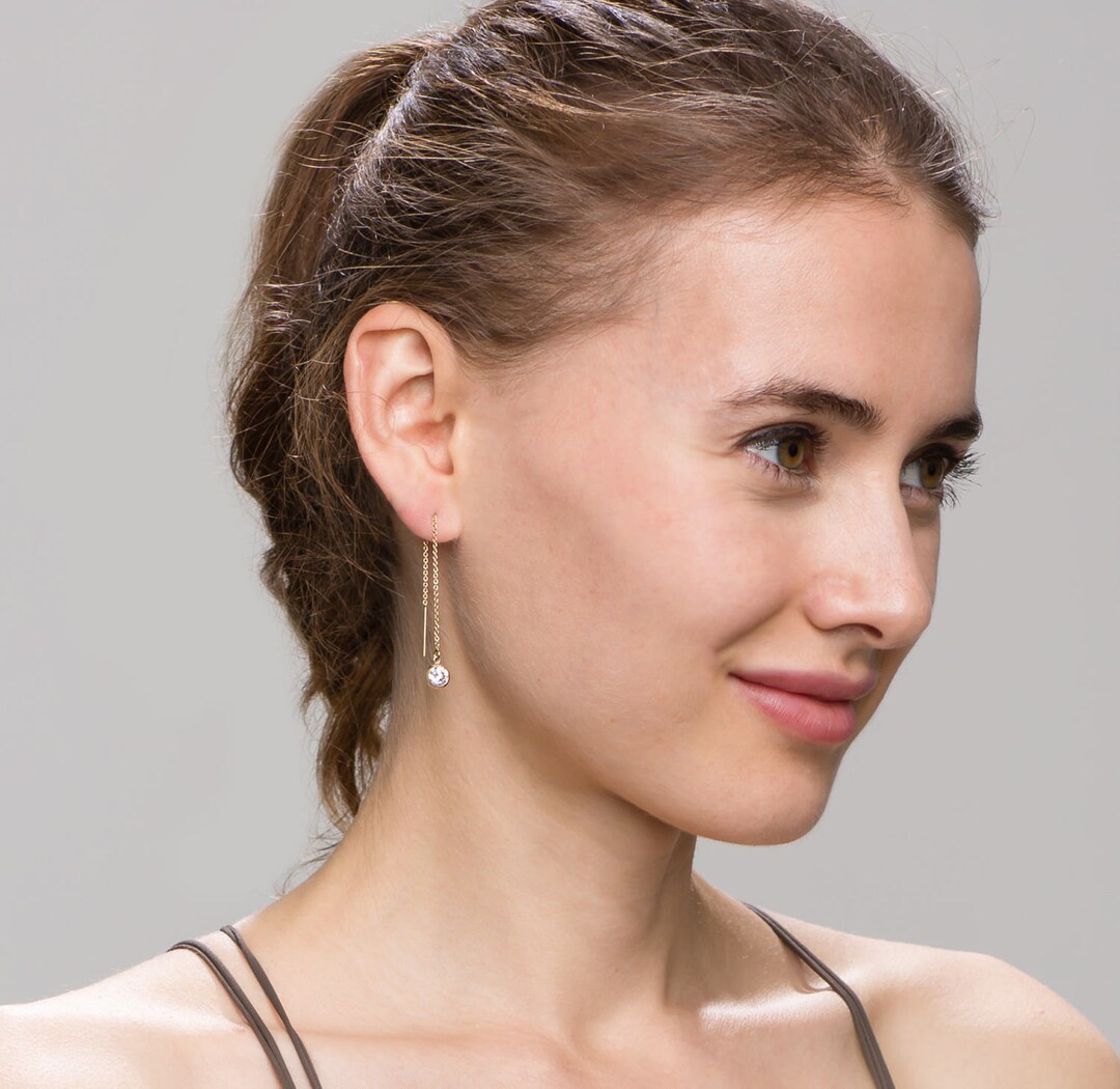 CZ Ear Thread Earrings // Dangling Diamond Ear Thread // Threader ...