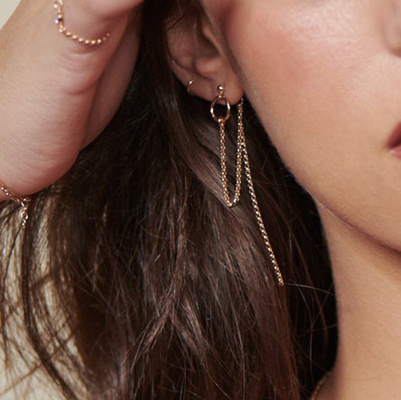 Chain Ring Thread Earrings // Dangling Chain Hoop Ear Thread | Etsy