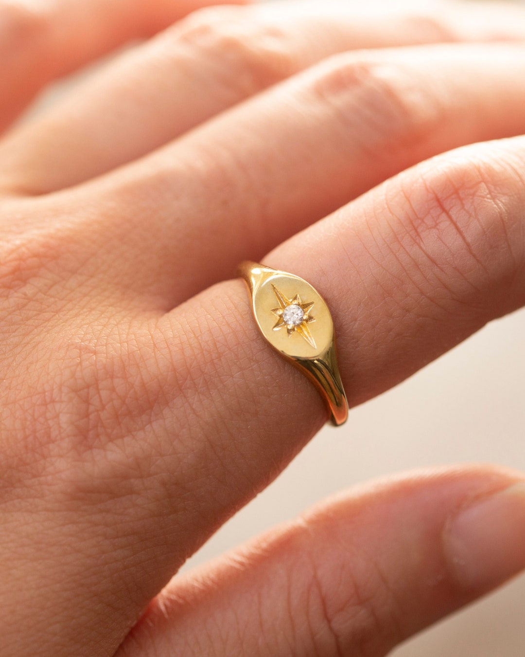 Star Signet Ring With CZ / Vermeil Silver Signet Ring / North Star ...