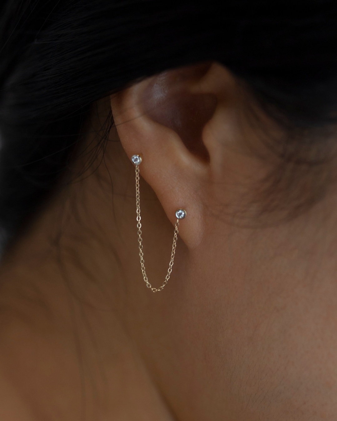 14k Diamond Chain Stud Earring | Long Chained Earrings for Double ...
