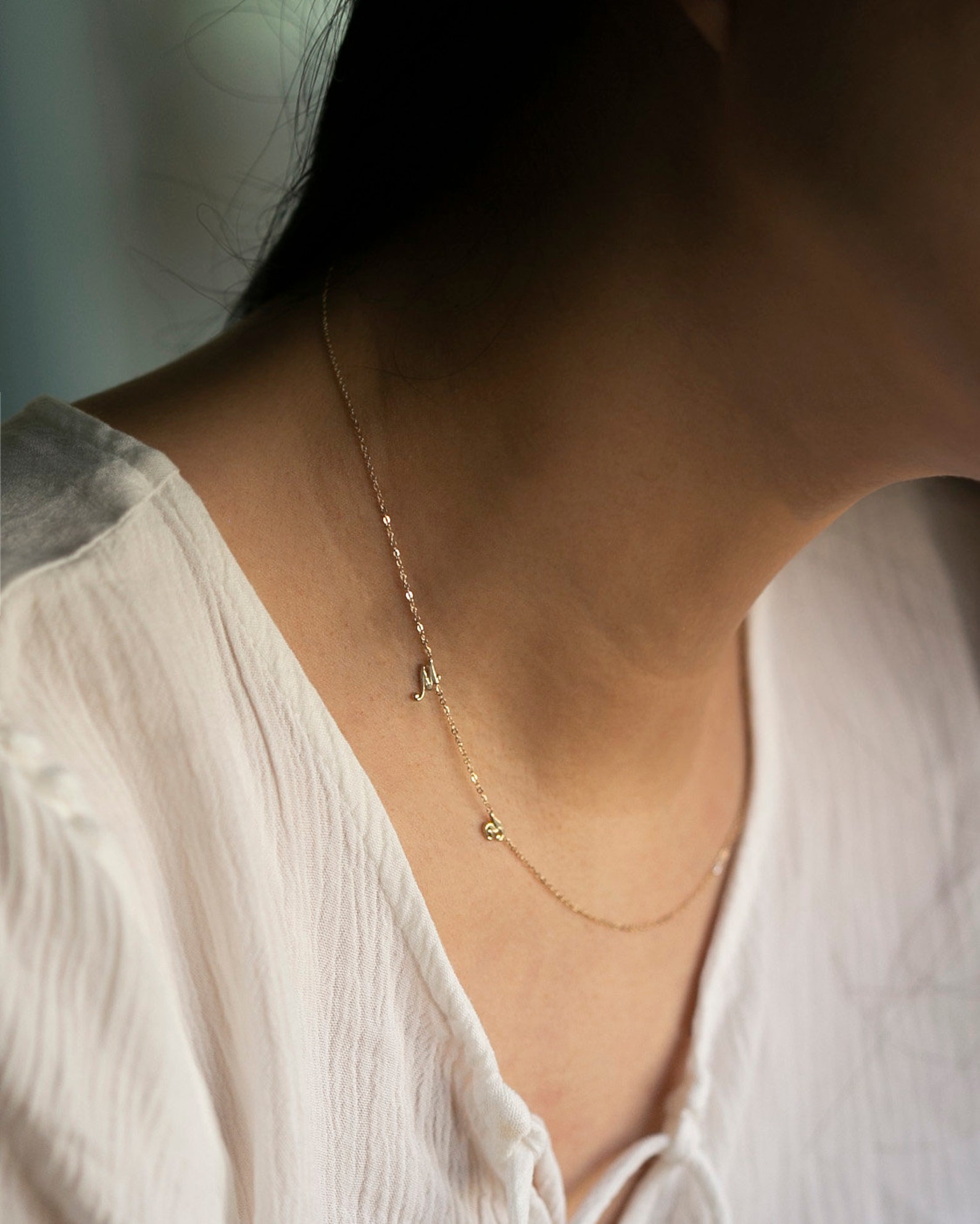 14K Gold Cursive Initial Necklace / Sideway Initial Necklace / - Etsy