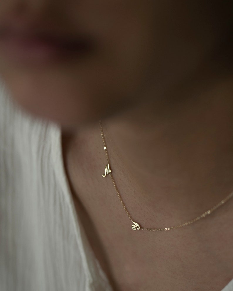 14K Gold Cursive Initial Necklace / Sideway Initial Necklace / - Etsy