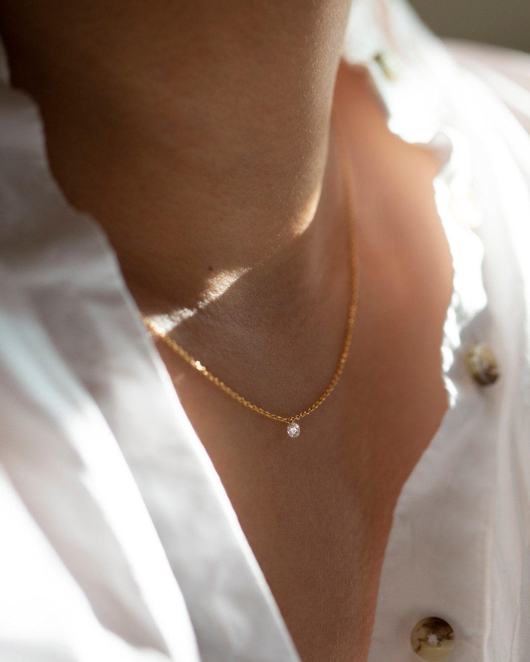 Bare Diamond Necklace in 14k Gold / Genuine Diamond Solitaire Necklace / Minimalist Diamond ...