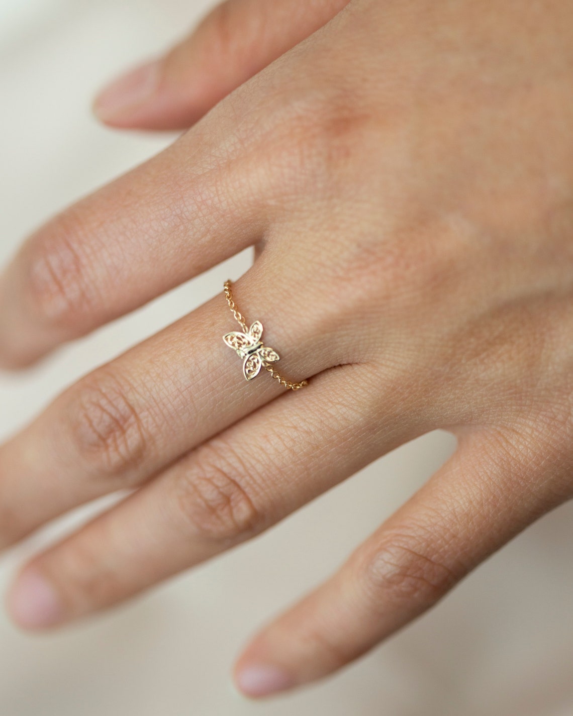 14k Dainty Gold Butterfly Chain Ring Perfect Gift for Her • Gift for ...