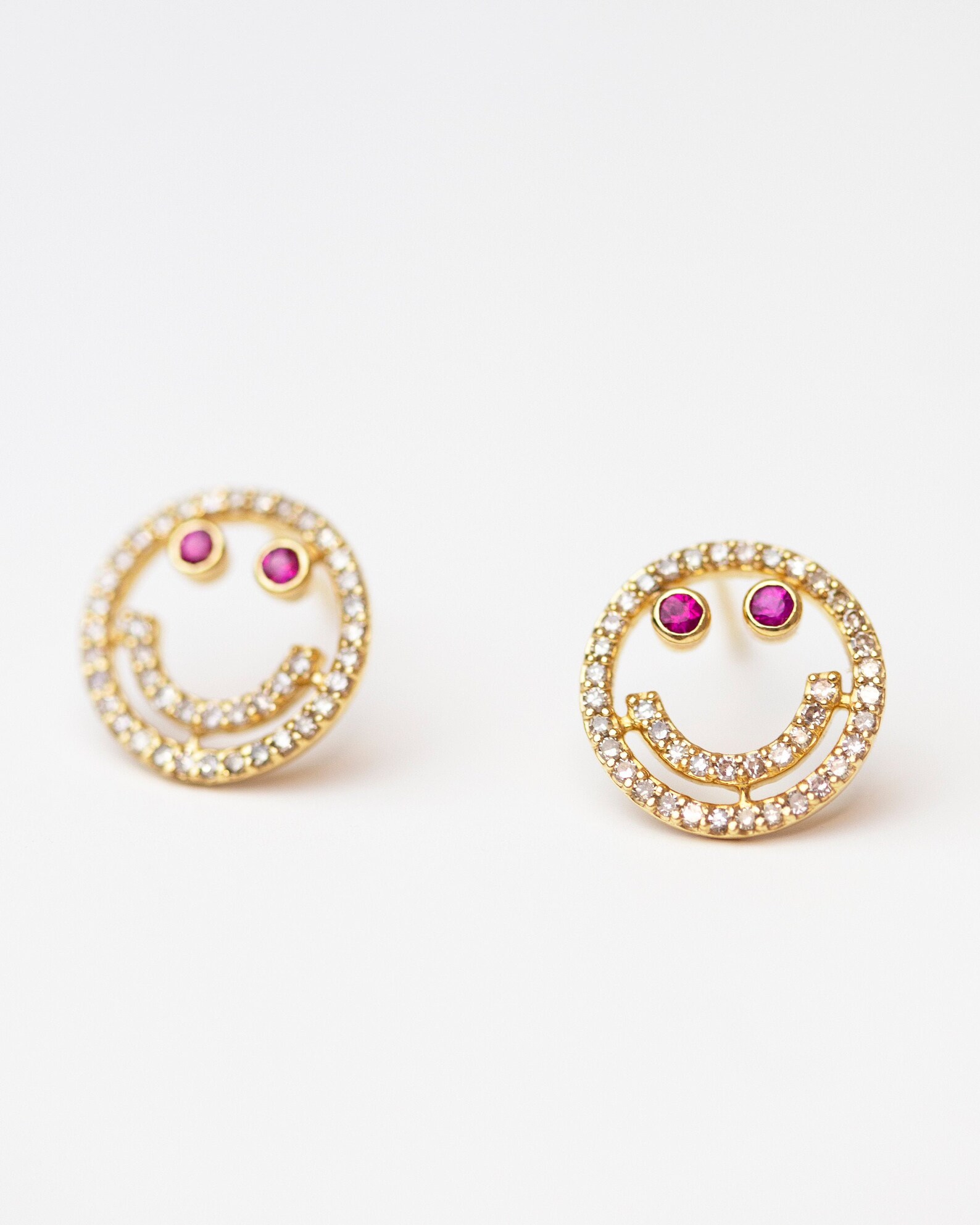 14k Gold Genuine Diamond and Ruby Smiley face Stud Earrings | Etsy