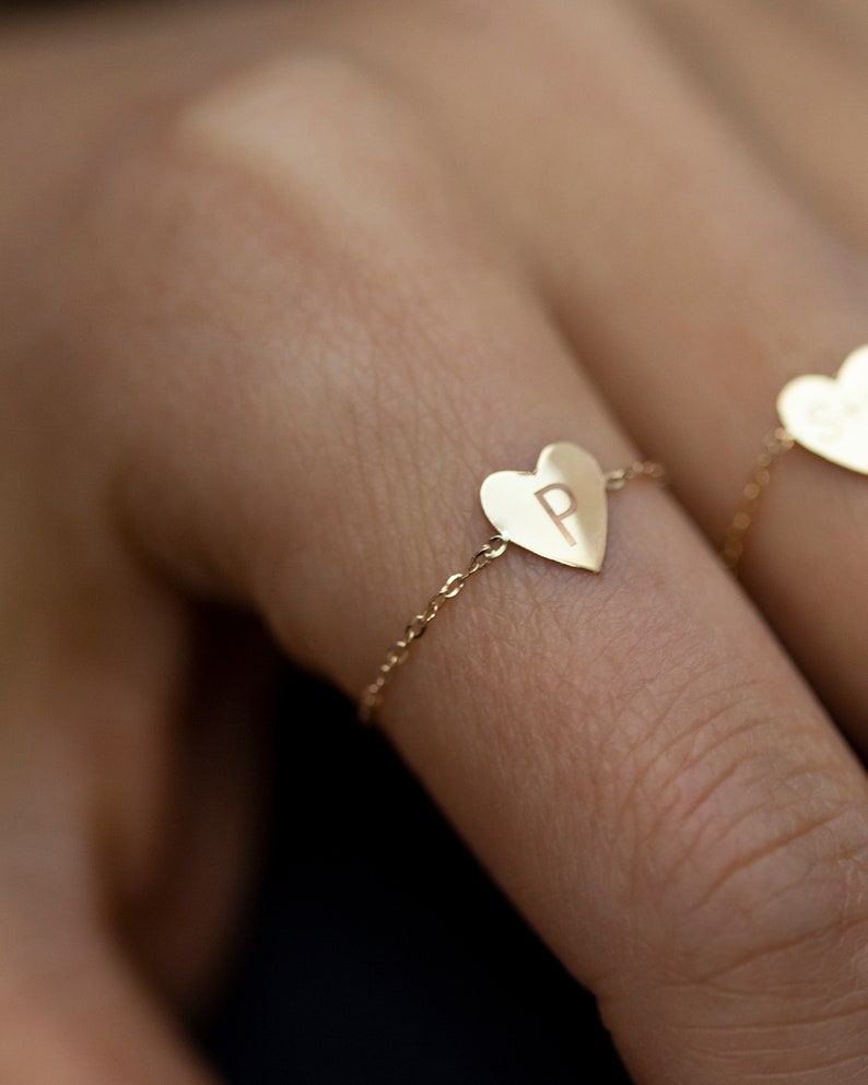 Little Heart Chain Ring 14k Gold Personalized Heart Chain - Etsy