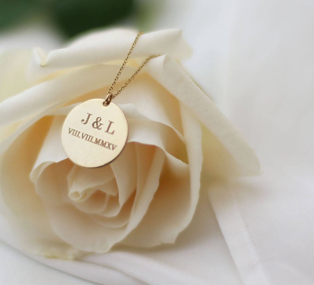 Roman Numeral Date Monogram Disc Necklace // Custom Handwriting ...