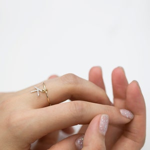 14K Gold Ring With Initial Diamond Charm / 14K Solid Gold Ring / Gold ...