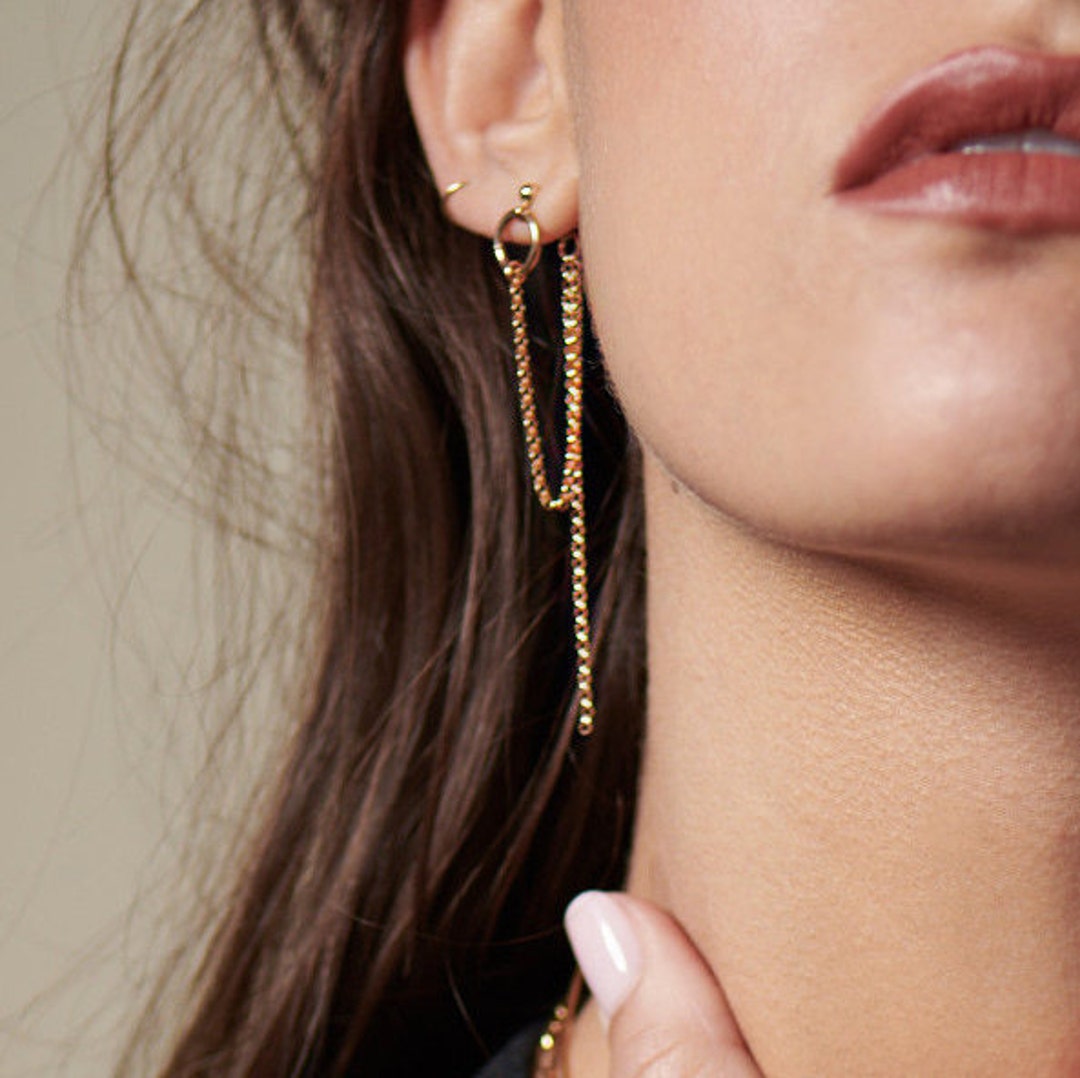 Chain Ring Thread Earrings // Dangling Chain Hoop Ear Thread ...