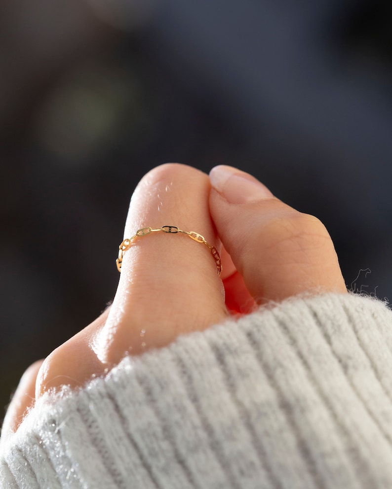 14k Solid Gold Bare Ring /14k Dainty Anchor Chain Ring / Barely There Ring Gold Rings / Chain ...