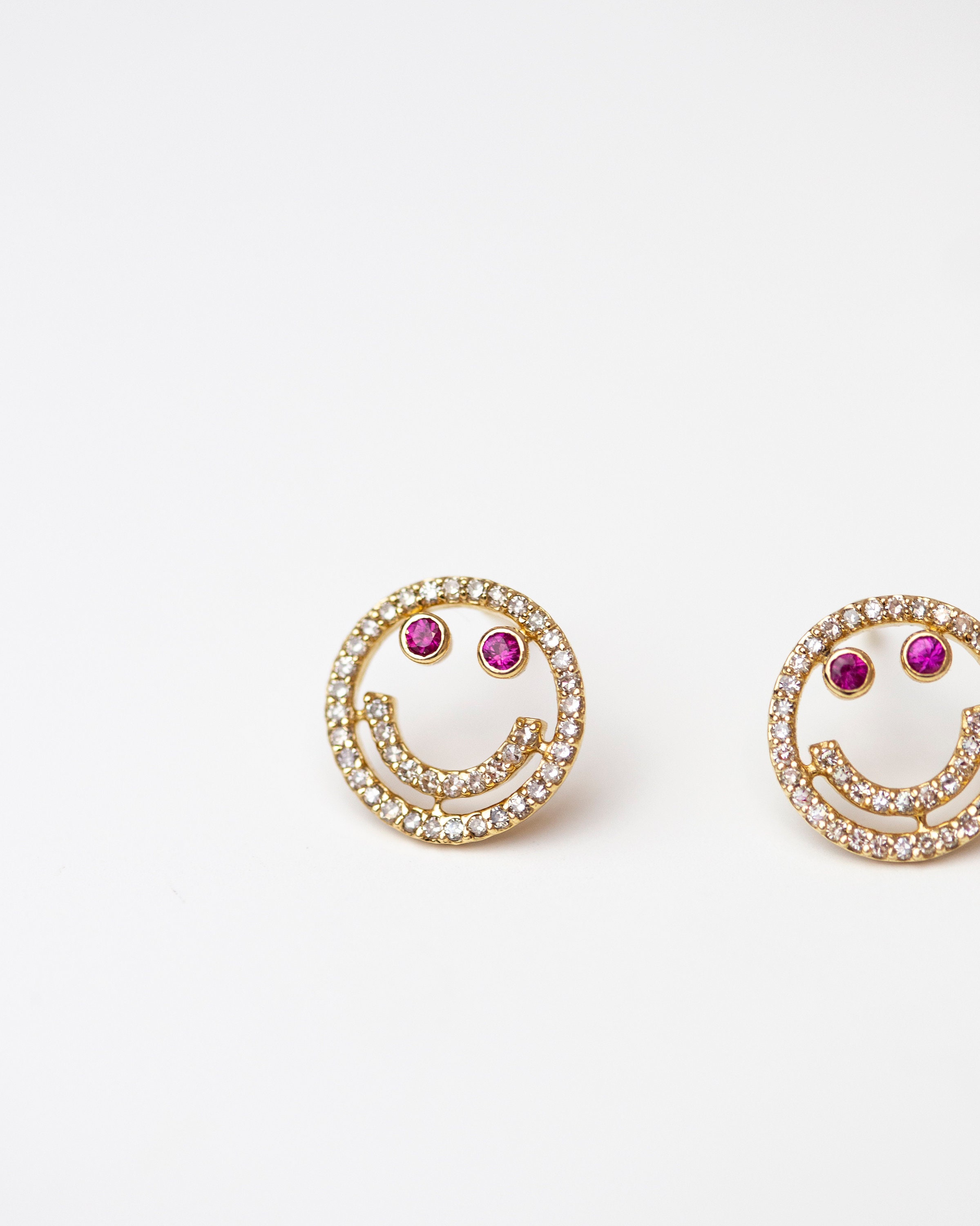 14k Gold Genuine Diamond and Ruby Smiley face Stud Earrings | Etsy