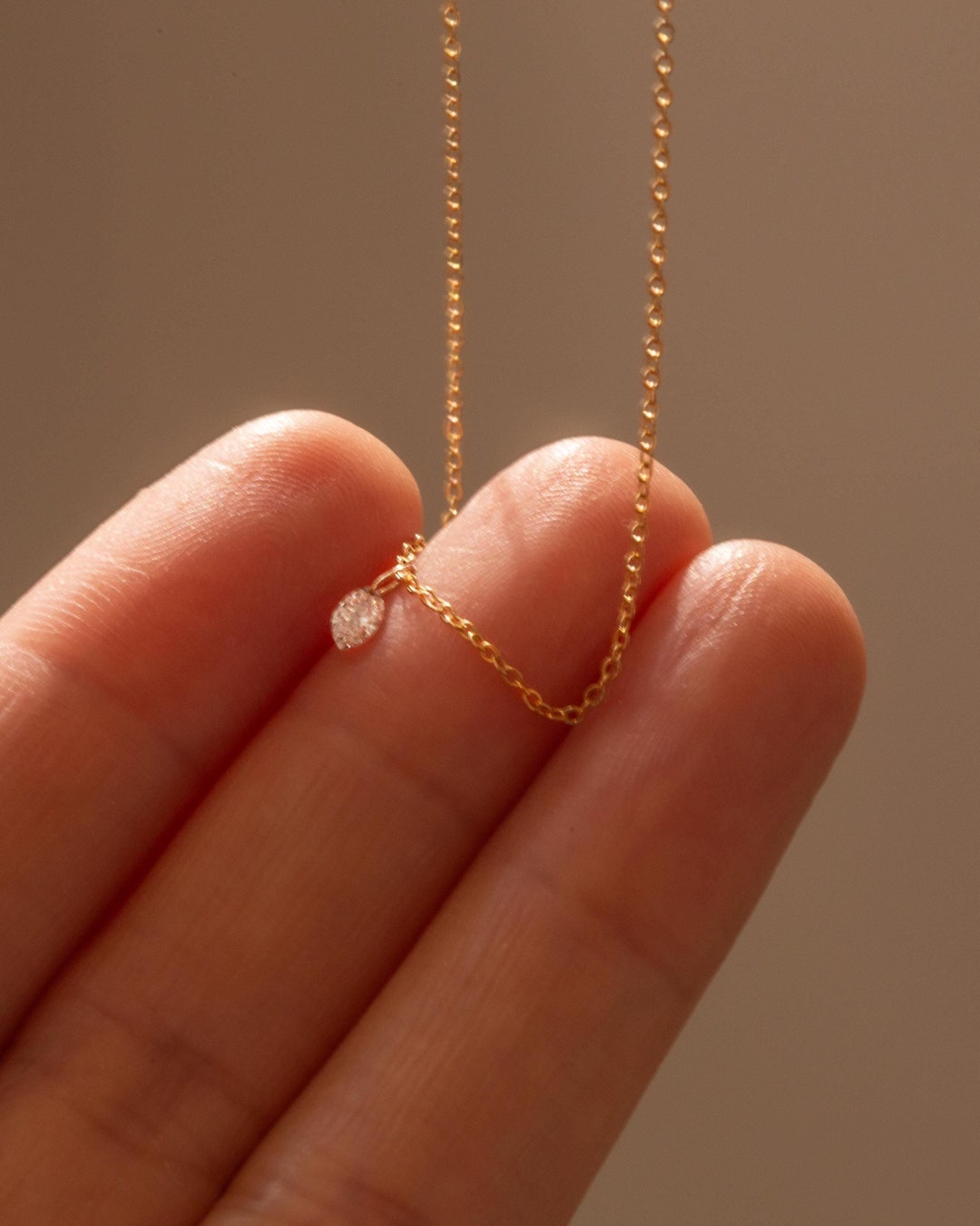 Marquise Bare Diamond Necklace in 14k Gold / Lab Diamond Solitaire Necklace / Floating Diamond ...