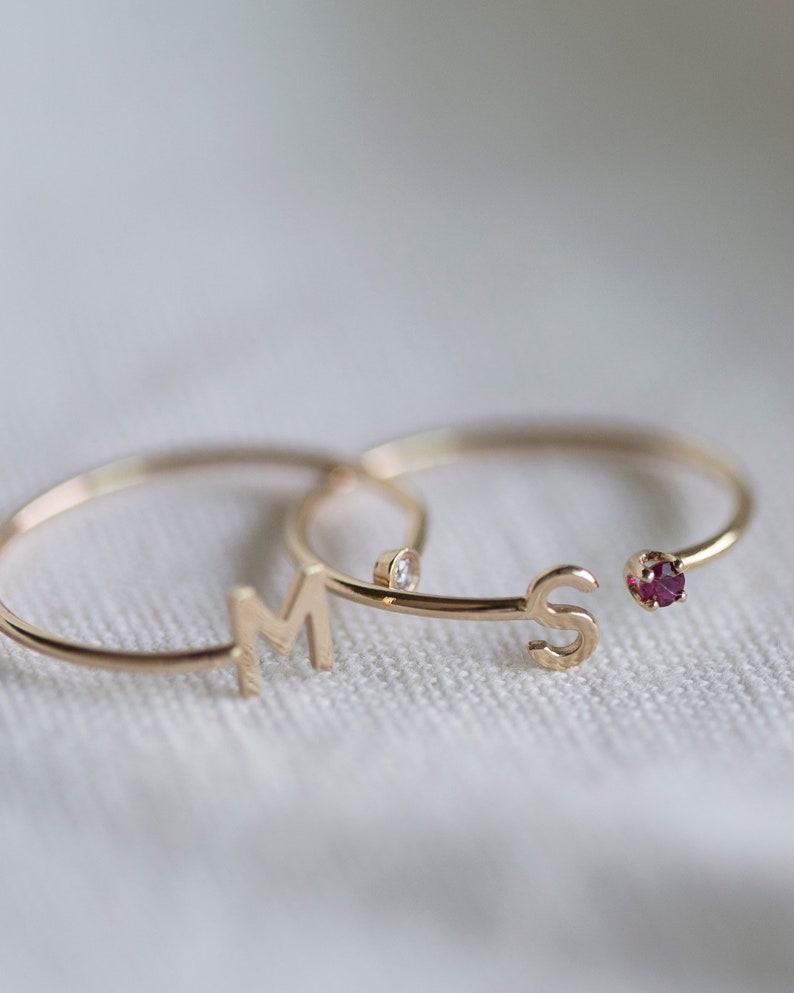 Personalized 14k Gold Initial Ring With Birthstone // | Etsy