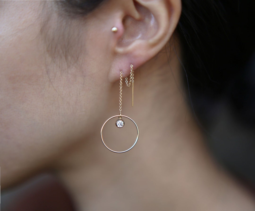Halo Ear Thread Earrings With CZ Diamond // Round Circle Hoop Ear ...
