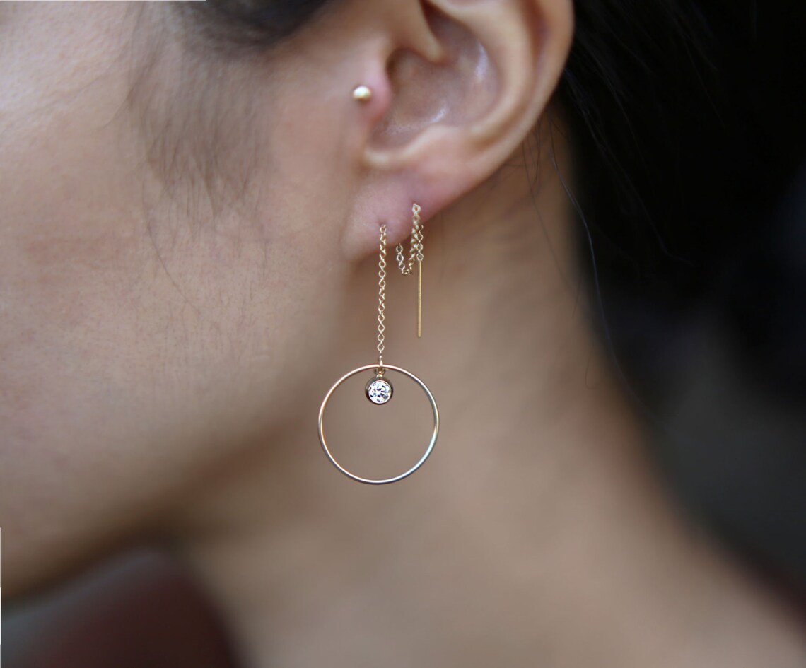 Halo Ear Thread Earrings With CZ Diamond // Round Circle Hoop Ear ...