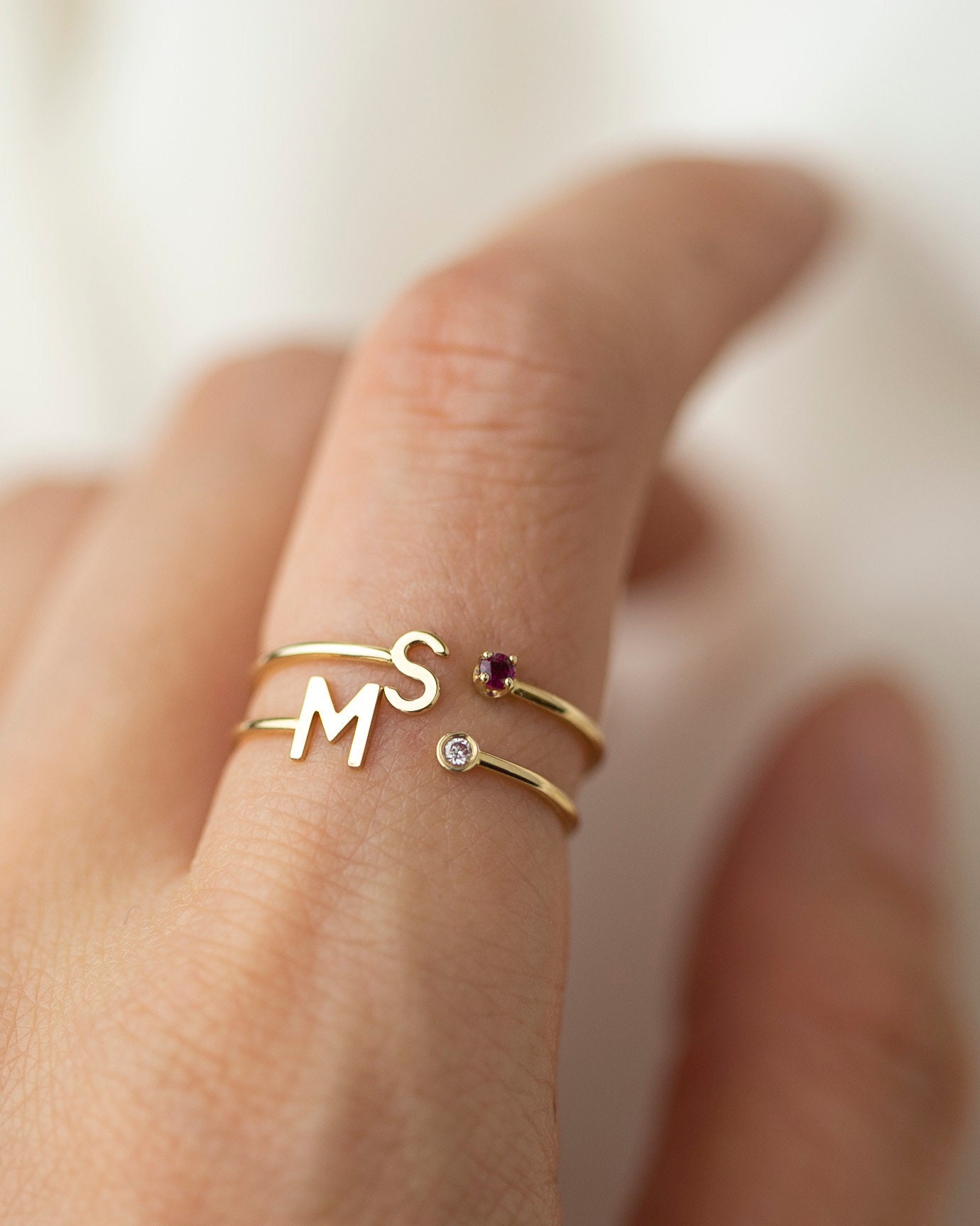 Personalized 14k Gold Initial Ring with Birthstone Birthstone Ring Gold Initial Ring Letter Monogram Ring Valentine s Day Gift