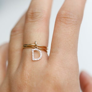 14K Gold Ring With Initial Diamond Charm / 14K Solid Gold Ring / Gold ...