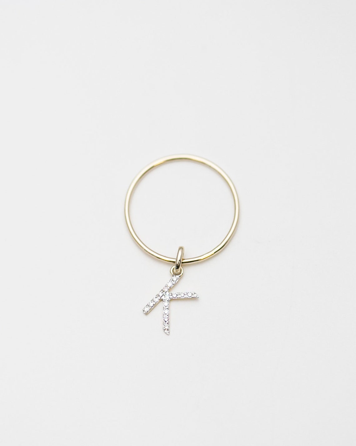 14K Gold Ring with Initial Diamond Charm / 14K solid gold ring | Etsy