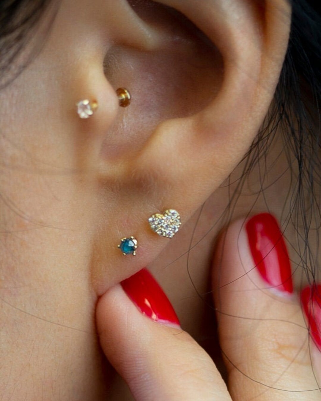 14k Gold Diamond Heart Barbell Ear Stud for Cartilage Valentine's Day ...