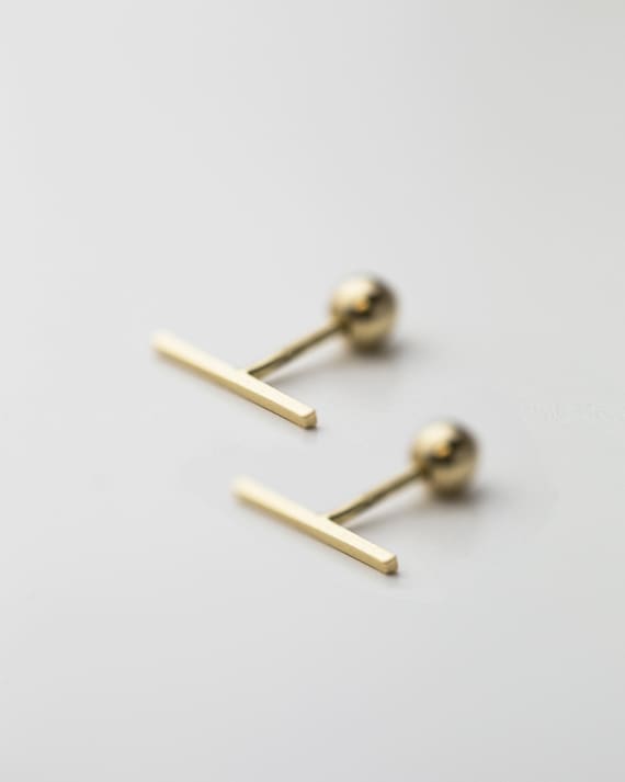 14k Line Bar Earrings Solid 14K Gold Series Minimalist - Etsy