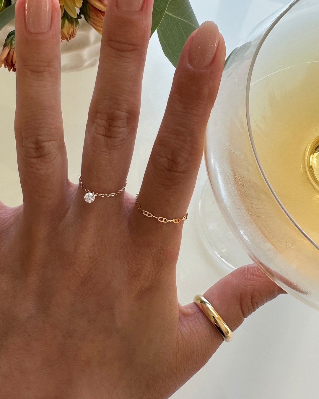 14k Solid Gold Bare Ring /14k Dainty Anchor Chain Ring / Barely There Ring Gold Rings / Chain ...