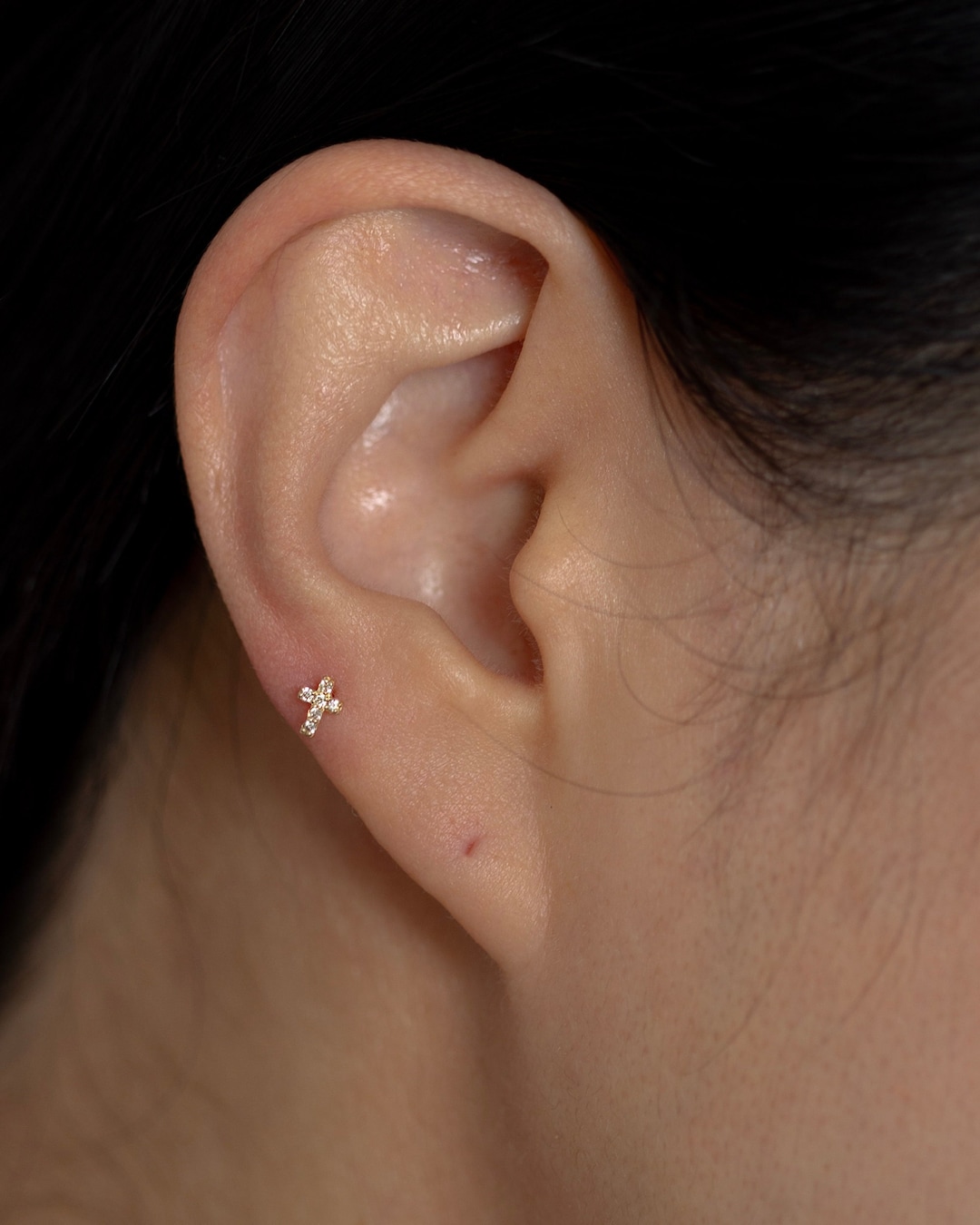 14k Gold Diamond Cross / Small Diamond Cross Earring Single Piece / Mini Diamond Cross Stud ...