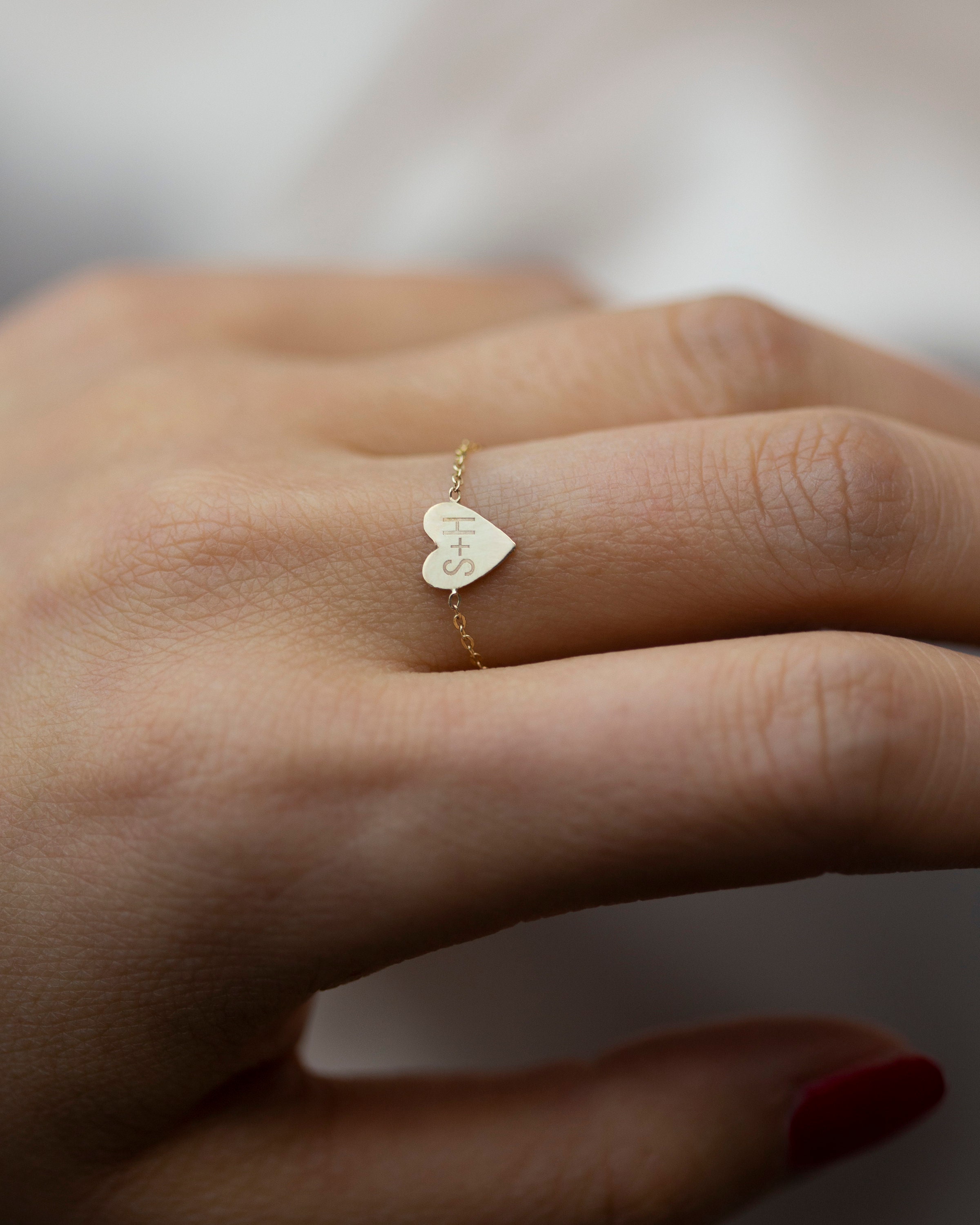 Little Heart Chain Ring 14k gold Personalized heart chain | Etsy