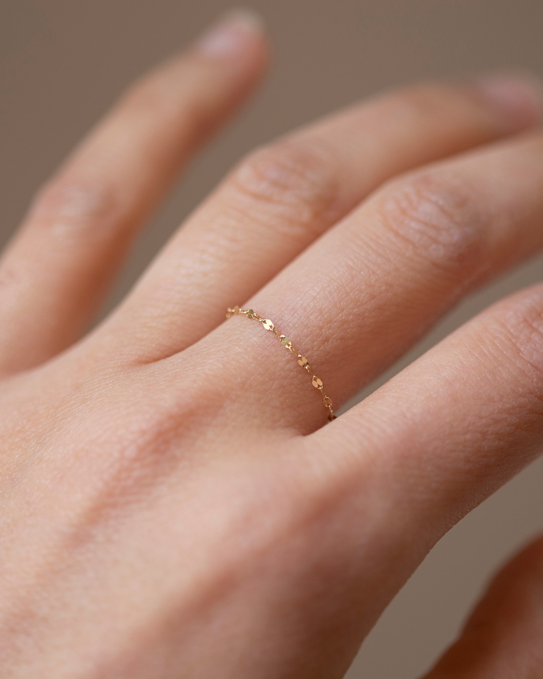 Chain Ring / Dainty 14k Gold Soft Ring / 14k Solid Gold Dapped Chain ...