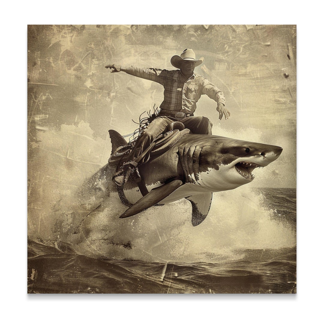 Cowboy Riding Shark Fantasy Wall Art, Surreal Ocean Poster, Wild Cowboy ...