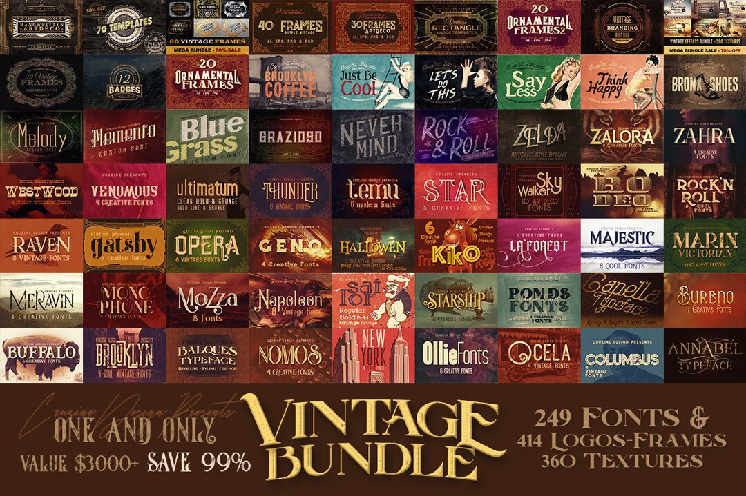 Vintage Font & Logo Bundle: 249 Fonts, 414 Graphics - Etsy