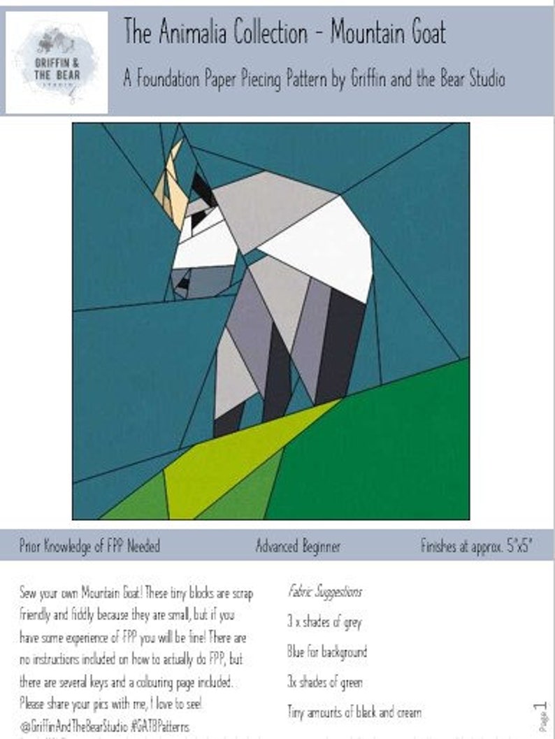 The Mountain Goat - the Animalia Collection. FPP Quilt Pattern - Etsy