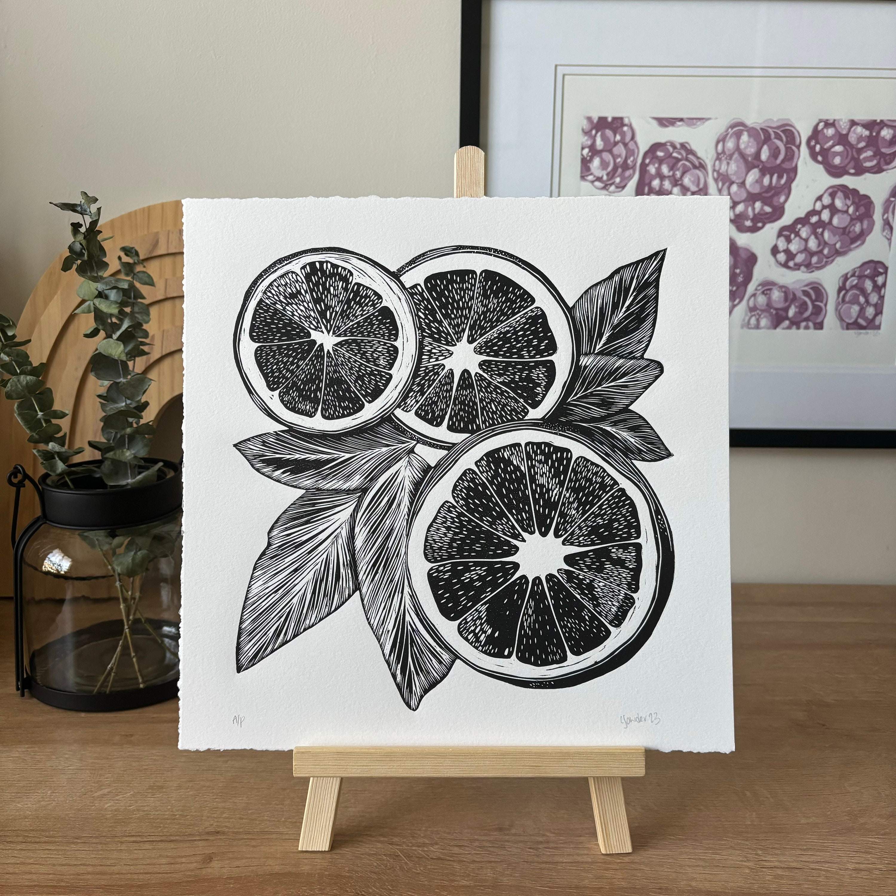 Black and White Citrus Slices 12x12 Inch Print Original Linocut Print ...