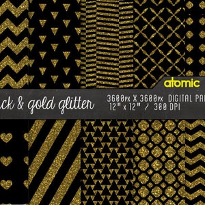Instant Download // Black + Gold Glitter Digital Paper Pack// Glitzy ...