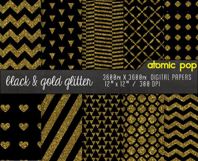 Instant Download // Black + Gold Glitter Digital Paper Pack// Glitzy ...
