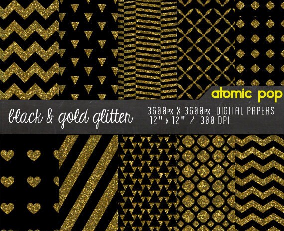 Instant Download // Black + Gold Glitter Digital Paper Pack// Glitzy ...