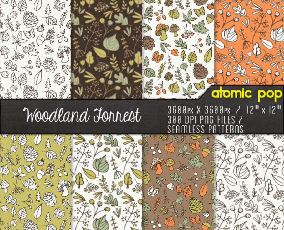 Hand Drawn Forrest Leaves Patterns Digital Paper Pack// Instant ...