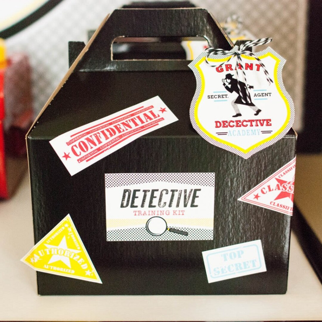 Detective Party Favor Bag Training Kit Printable Labels | Spy Party Top ...