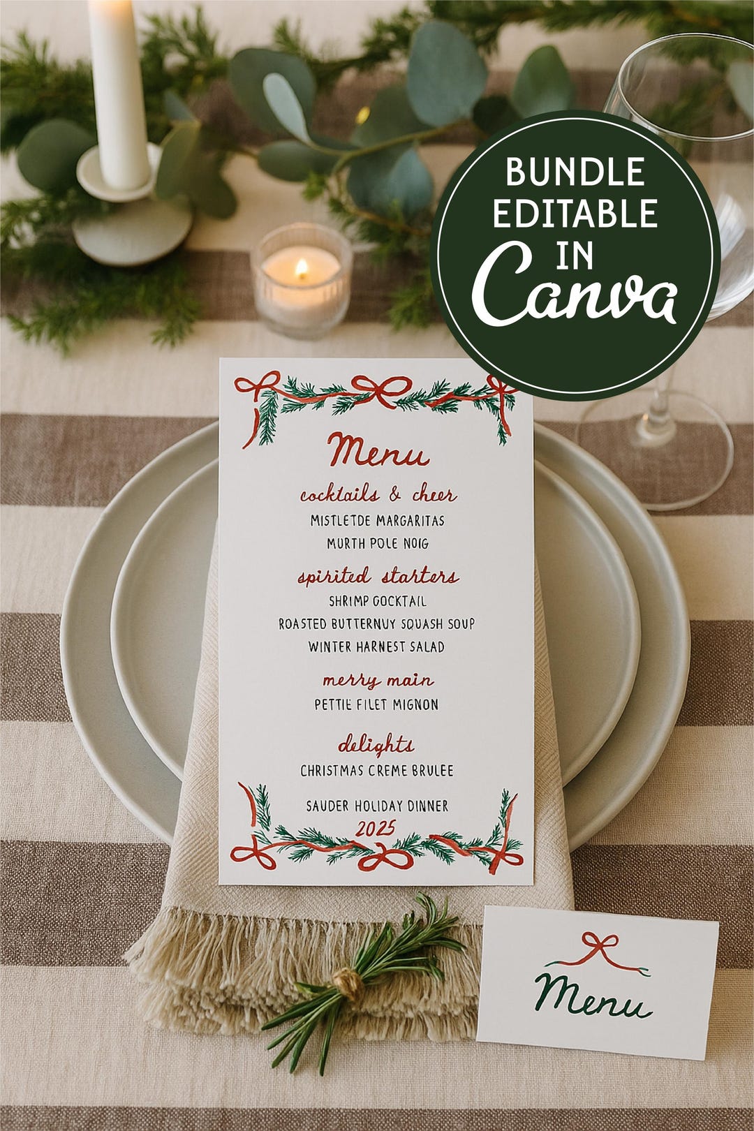 Christmas Table Menu Printable Bundle | Bow and Garland Scribble ...