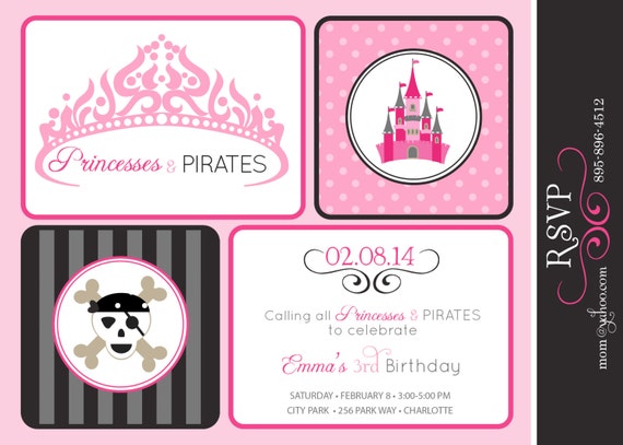 Princess and Pirates Invitation Castle Tiara Skull Crossbones | Etsy