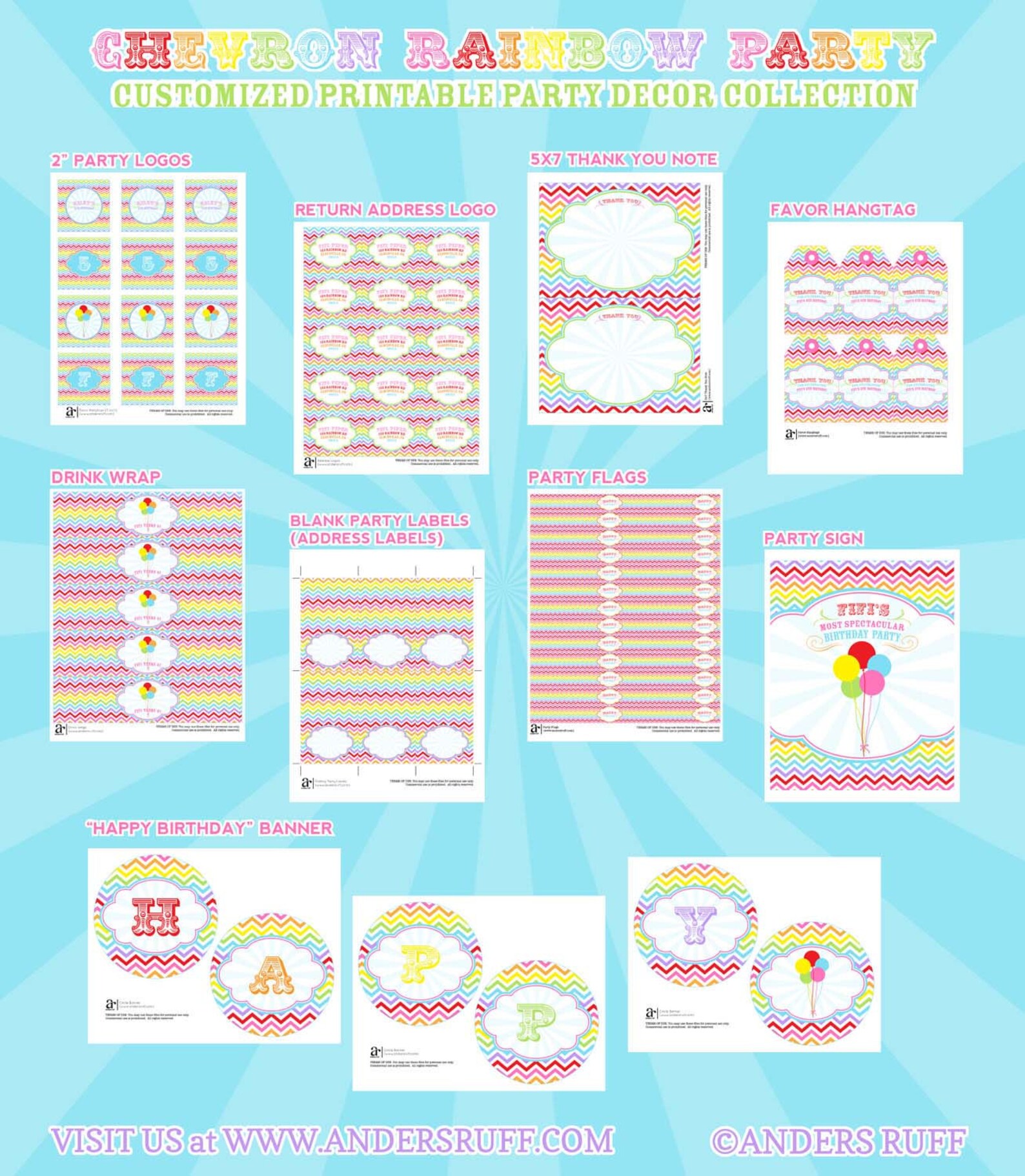 Chevron Rainbow Colors Bright Birthday - Printable Customized Package ...
