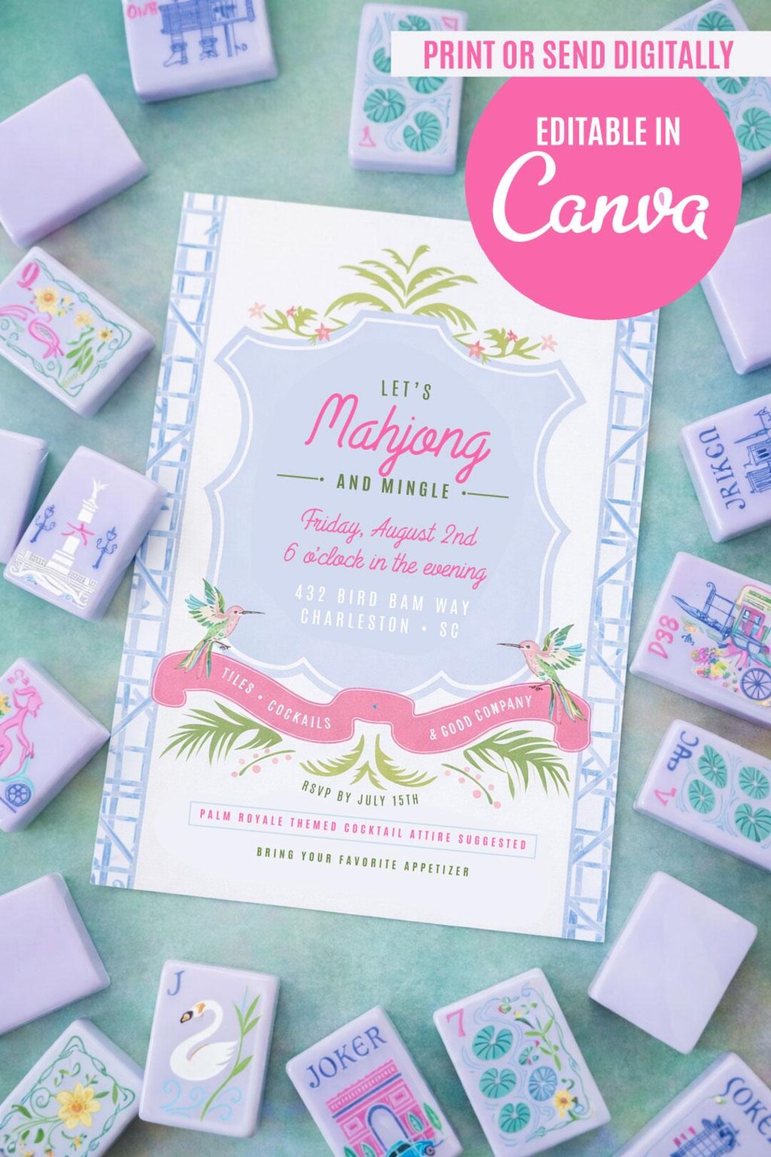 Mahjong Invitation Template | Palm Royale Mahj Party Invite | Editable ...