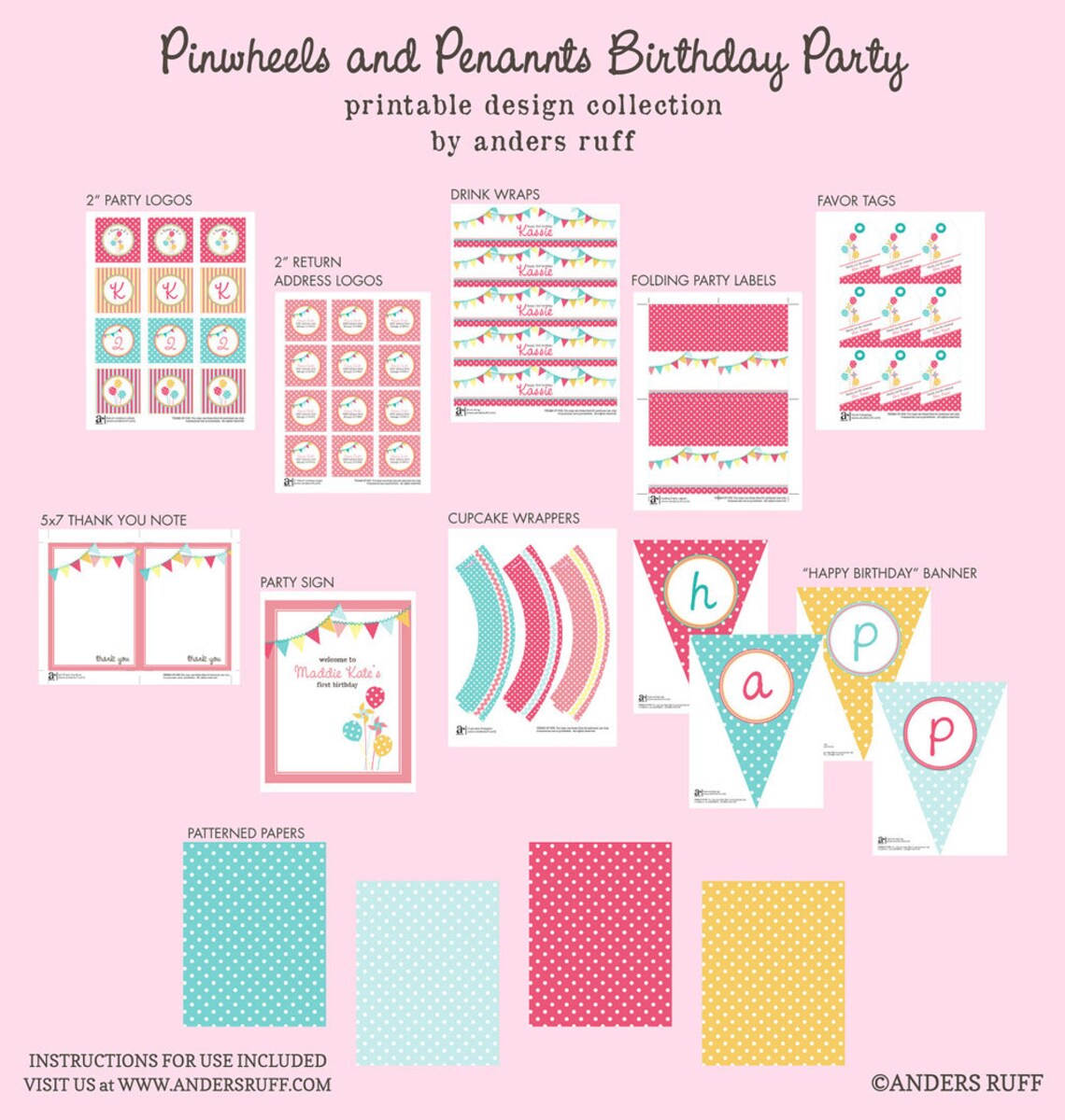 Pinwheels, Pennants and Polka Dots Birthday - Printable Customized ...