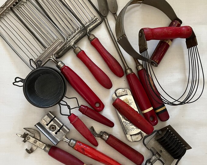 Vintage Red Wood Handle Kitchen Utensils Farmhouse Cottage Ekco Androck ...