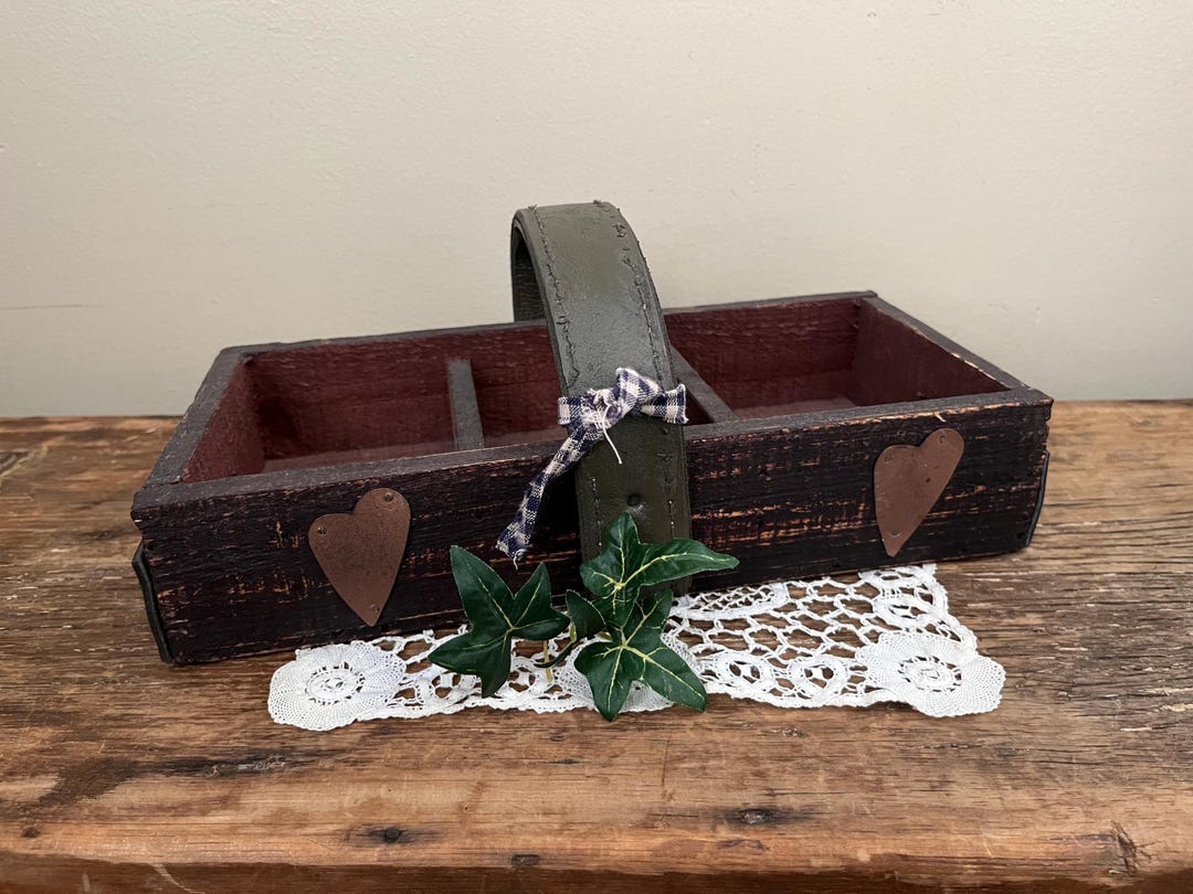 Primitive Wood Tote Box - Farmhouse Caddy - Leather Handle Chippy Paint ...