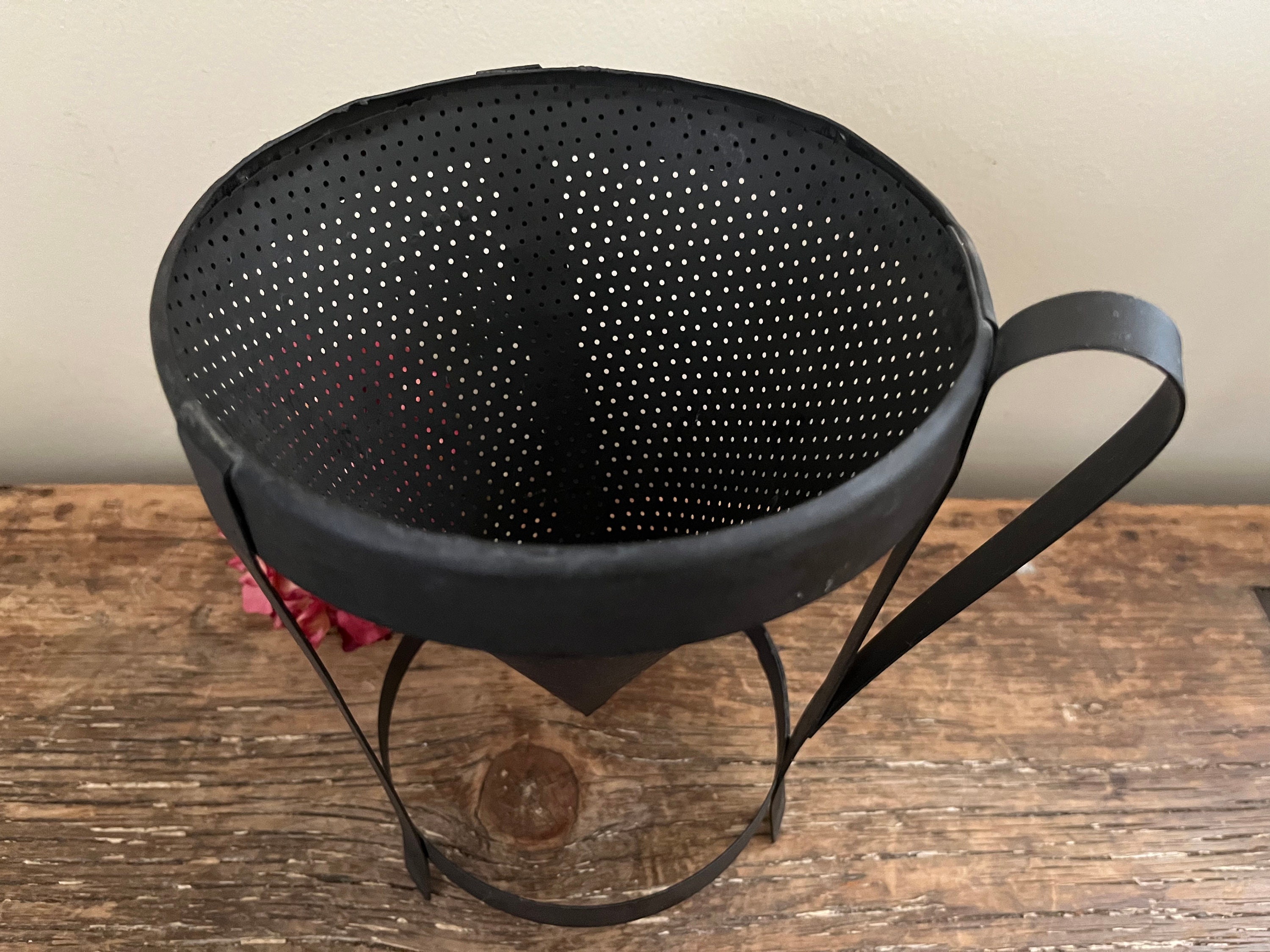 Black Metal Cone Sieve on Stand Vintage Cone Shape Sieve Strainer ...